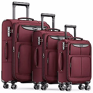 SHOWKOO Luggage Sets 3 Piece Softside Expandable Lightweight Durable Suitcase Sets Double Spinner Wheels TSA Lock Wine Red (20in/24in/28in)