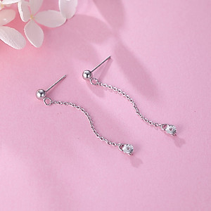 Reffeer Minimalist Ball Earrings with Chain Dangle Earrings for Women Teens Girls Dangle Earrings Studs Cute Solid 925 Sterling Silver Earrings(Silver)