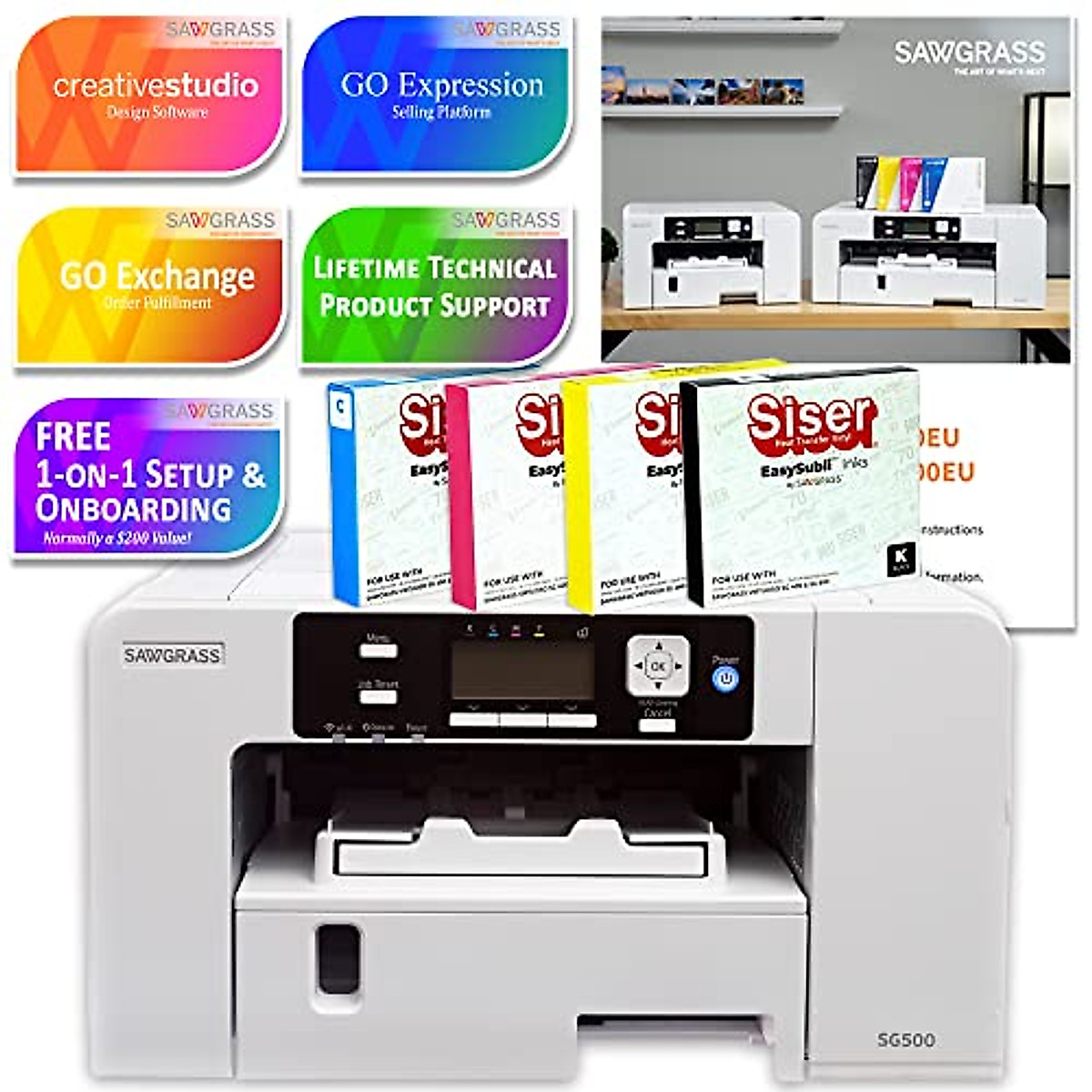 Sawgrass UHD SG500 Sublimation Color Printer Starter Bundle with Easysubli Inks, Sublimation Paper, Tape, Blanks, Designs