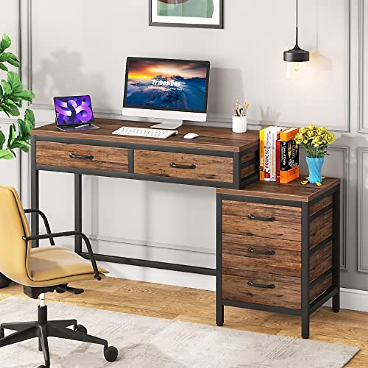 Tribesigns Computer Desk with 5 Drawers, Home Office Desks with Reversible Drawer Cabinet Printer Stand, Industrial PC Desk with Storage, Rustic Study Writing Table Workstation for Small Spaces