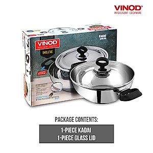 Vinod Deluxe Kadhai | Stainless Steel Wok | Tempered Glass Lid | Induction-Friendly| Sandwich Bottom | 22cm Capacity | 2.4 Liters(2.54 Quarts)|Multi-Use Pot| Suitable For Indian Cooking, Gravy, Stews