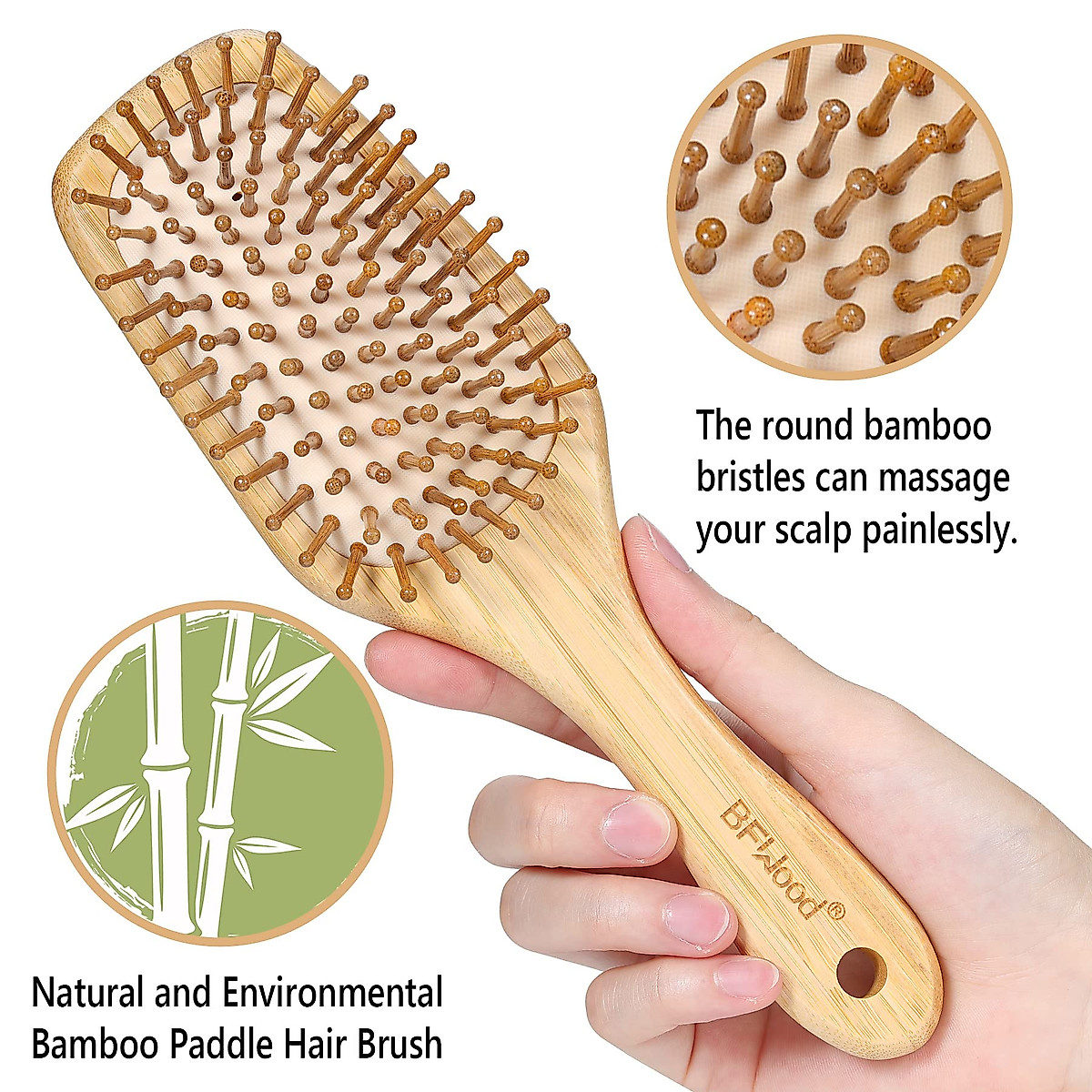 Bamboo Hair Brush with Paddle - Rounded Wood Bristles for Detangling and Gently Massaging Scalp by BFWood, Reduces Frizz and Static