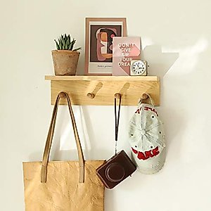 XAOHOME Wall Mount Coat Rack with Shelf, Sturdy Wooden Floating Shelf with Hooks Save Your Indoor Space, New Ingenious Fasteners Make The Wall Coat Hanger Easy to Install(Yellow)