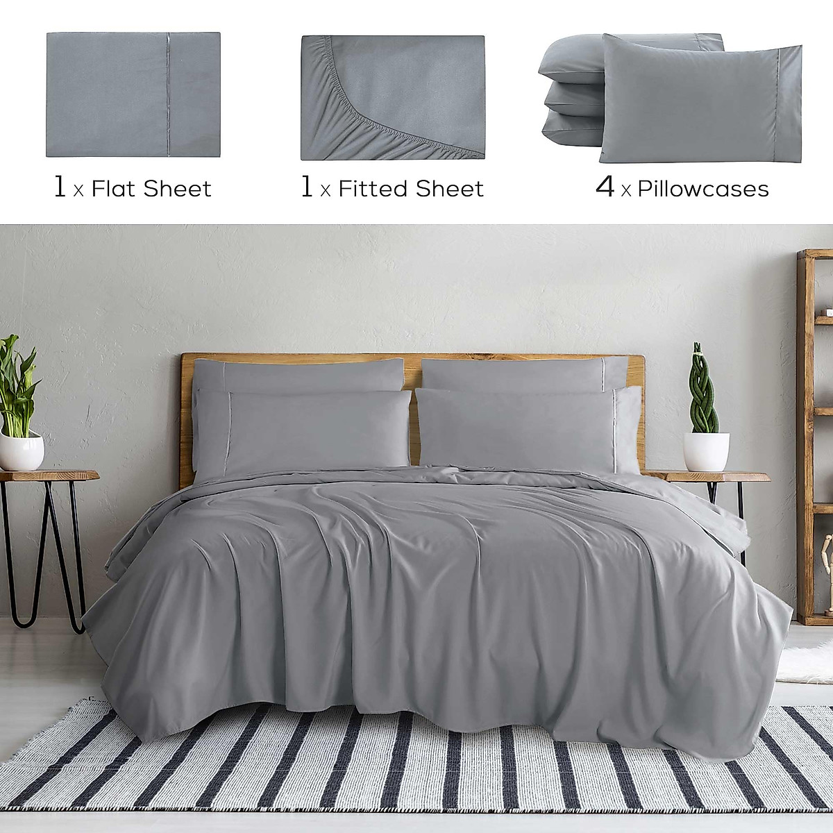 Mueller Ultratemp Bed Sheets Set, Super Soft 1800 Thread Count Egyptian 18-24 Inch Deep Pocket Sheets, Transfers Heat, Breathes Better, Hypoallergenic, Wrinkle, 6Pc, Light Gray Queen