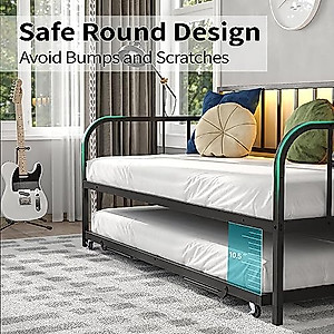 CollaredEagle Daybed with Trundle, Adjustable Sofa Bed Frame with Charging Station, Metal Twin Daybed with LED Lights for Living Room, Bedroom and Guest Room, Black