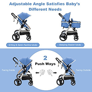 HONEY JOY Baby Stroller for Newborn, 2 in 1 High Landscape Infant Stroller & Convertible Bassinet Pram, Adjustable Backrest & Canopy, Cup Holder, Storage Basket, Foldable Pushchair w/Foot Cover (Blue)