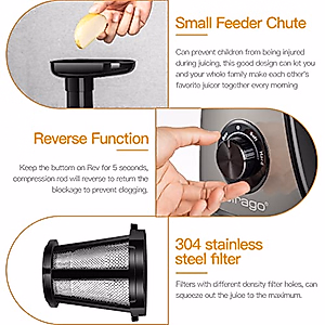 CIRAGO Juicer Machines, Slow Masticating Juicer Extractor Two Speed Adjustment, Easy to Clean, Quiet Motor, Cold Press Juicer for Vegetables and Fruits, BPA-Free (Grey)