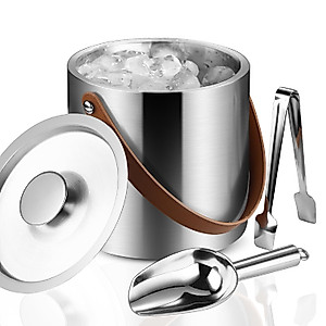 Bakpoco Double-Wall Vacuum Insulated Ice Bucket with Lid, Scoop, Ice Tong, Strainer & Leather Handle Keep Ice Frozen Longer Large Wine Ice Buckets for Cocktail Bar,Parties Chilling Beer Champagne 3L