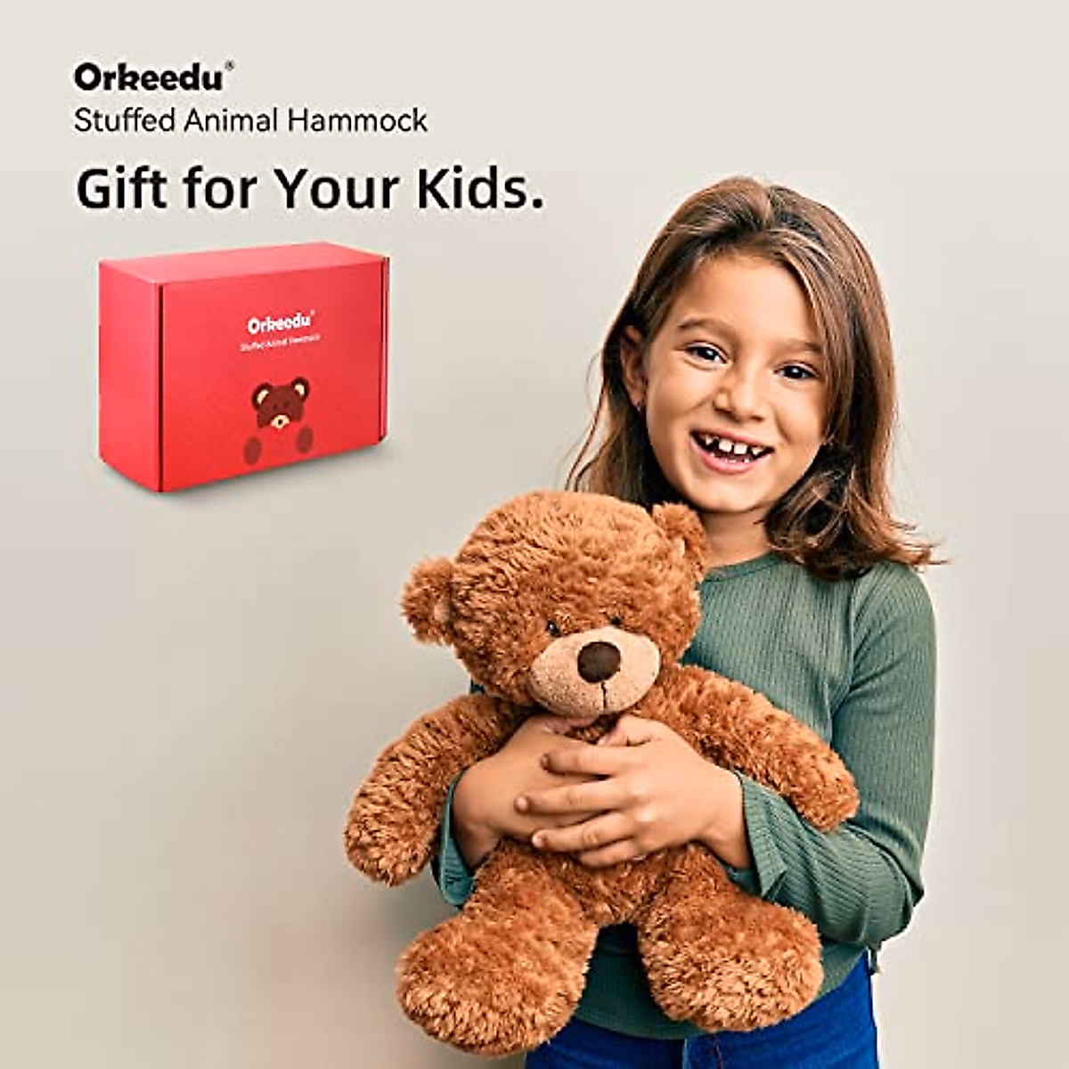 Orkeedu Stuffed Animal Net or Hammock with LED Lights, Large Toy Storage Hooks, Macrame, Cotton Beige