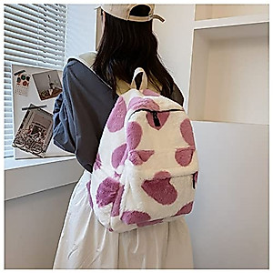 Tomato City Fuzzy Backpack Fluffy School Shoulder Bag Purse Pink Heart Pattern (Pink Heart,Faux Fur) Medium