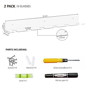 Hexsonhoma Champagne Wall Holer for Party 50, Clear Acrylic Wall Mounted Wine Glass Holder, Under Cabinet Wine Glass Holder Rack (6 Glasses 2 Pack)