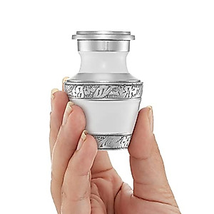 Reminded Small Cremation Memorial Urn for Human Ashes, White and Silver Miniature Keepsake Urn with Velvet Case
