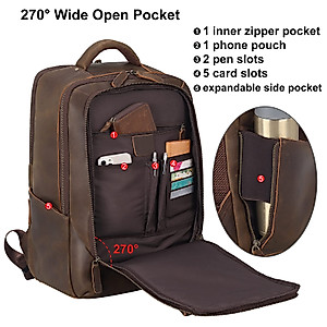 Masa Kawa Vintage Leather 15.6" Laptop Computer Backpack for Men Large Business Travel Weekender Bag Casual Rucksack Camping Daypack, Brown