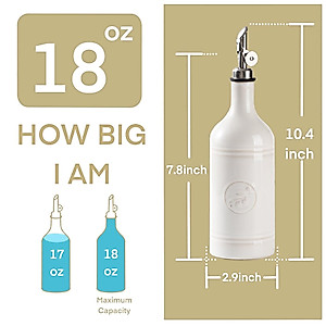 MIKIGEY 18 oz Ceramic Olive Oil Bottle Dispenser for Kitchen, Large Capacity Oli and Vinegar Cruet with Stainless Steel Spout, Oil Container, Pack of 1, Off-White