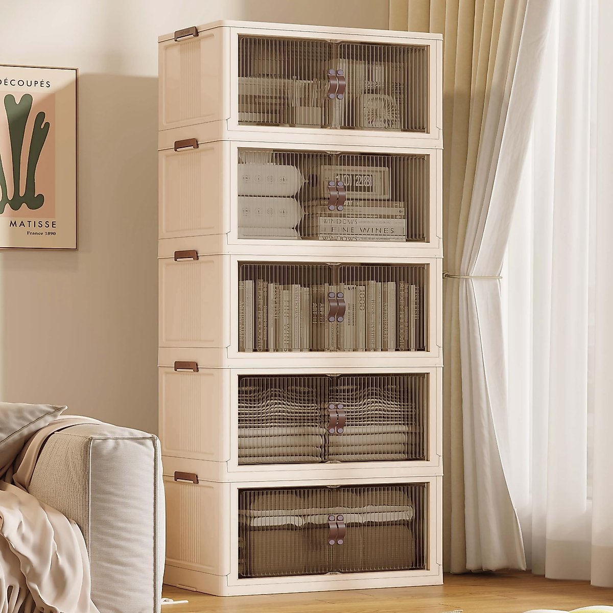 136Gal（543Qt） Stackable Storage Bins Folding Collapsible Storage Bins with Lid, Closet Organizers and Storage, Storage Box with Door Beige 26" W x 17" D x 71" H