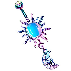Body Accentz Belly Button Ring Navel Opal Celestial Sun Moon Dangle (Rainbow/Aurora Borealis) CH318
