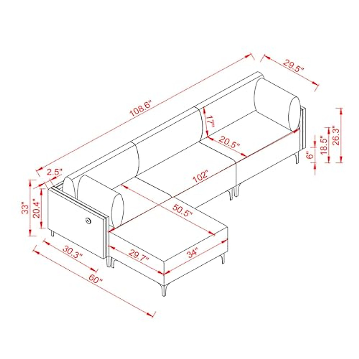 KEVINSPACE 108.6" Convertible Sectional Sofa Couch, L-Shaped Couch with USB Reversible Chaise, Modern Couches Sleeper Sectional Sofa for Living Room, Apartment and Small Space Grey
