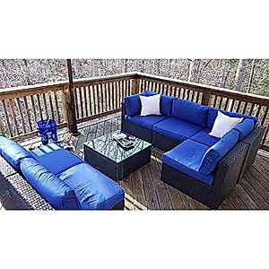 J-SUN-7 7 Pieces Outdoor Patio Furniture Set, All Weather Black PE Rattan Wicker Sofa Set, Sectional Furniture Sofa Couch Set with Dark Blue Cushions and Glass Table for Garden Porch Poolside