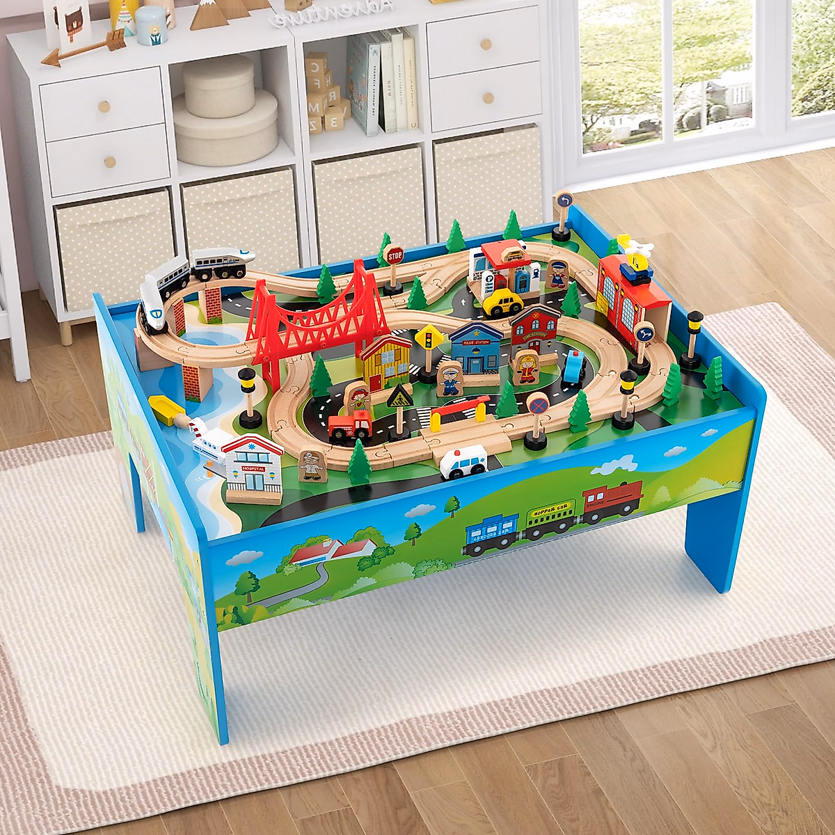 Costzon Train Table with 100 Multicolor Pieces, Wooden Kids Activity Table with Large Rolling Storage Drawer, Tracks, Cars, DIY Design, Train Set Table for Toddlers 3+, Gift for Boys Girls