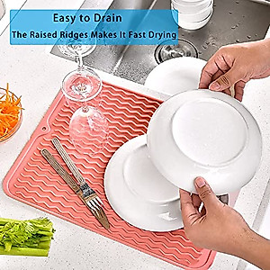 Happy L Dish Drying Mat for Kitchen Counter, Silicone Dish Drainer Mats Heat Resistant Mat, Non-slipping Dishwasher Safe (Pink, 16inch x 12inch)