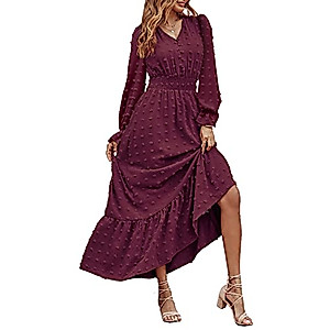 MASCOMODA Women Boho Maxi Dress 2023 Long Sleeve V Neck Swiss Dot Smocked High Waisted Button A-Line Ruffle Tiered Fall Long Dress(Medium, Wine Red)