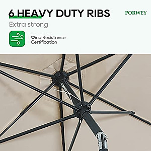 PORWEY 9' Patio Outdoor Table Umbrella Large Sun Market Umbrella with Easy Push Button Tilt and Crank, 6 Sturdy Ribs Fade Resistant Waterproof for Beach, Pool, Deck, Backyard, Tan