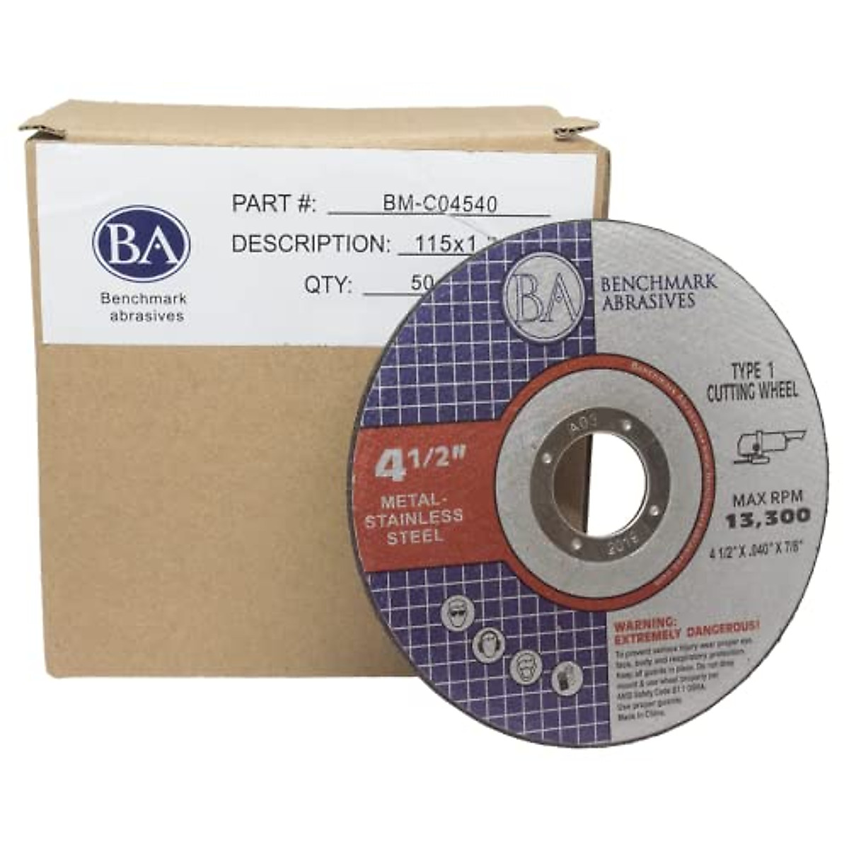 Benchmark Abrasives 4-1/2" Quality Thin Cut Off Wheel Metal & Stainless Steel 0.040" Thick 7/8" Arbor, Aluminum Oxide Cutting Wheel, Grinding Wheel - 25 Pack