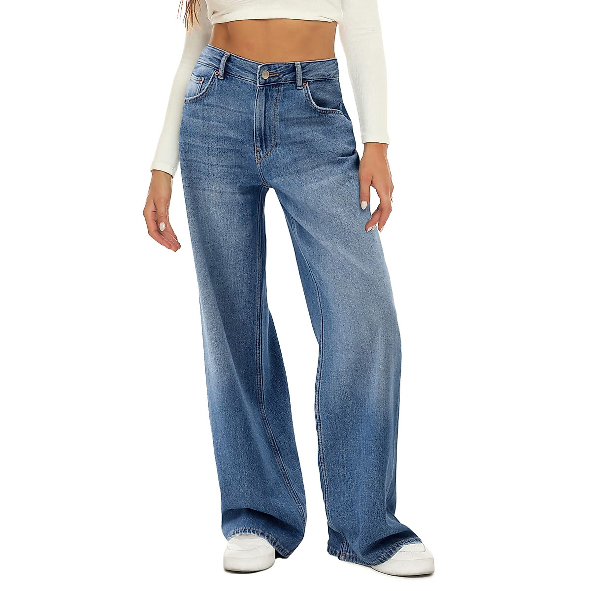 HDLTE Women Wide Leg Jeans High Waist Baggy Jeans Loose Boyfriend Jeans Denim Pants Y2K Light Blue