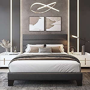 WEEWAY Full Size Bed Frame Platform Bed with Linen Fabric Upholstered Headboard and Wooden Slats Support, Heavy Duty Mattress Foundation, No Box Spring Needed, Easy Assembly, Dark Grey