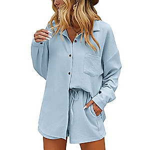 Ekouaer Women Pajama Sets 2 Piece Summer Lounge Sets utton Down Shirts and Casual Shorts with Pockets,Light Blue Large