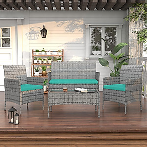 VONZOY Patio Furniture Set 4 Pieces Small, Belcony Furniture Outdoor Wicker Patio Conversation Set for Backyard,Porch, Deck,Garden,Poolside and Balcony (Turquoise)