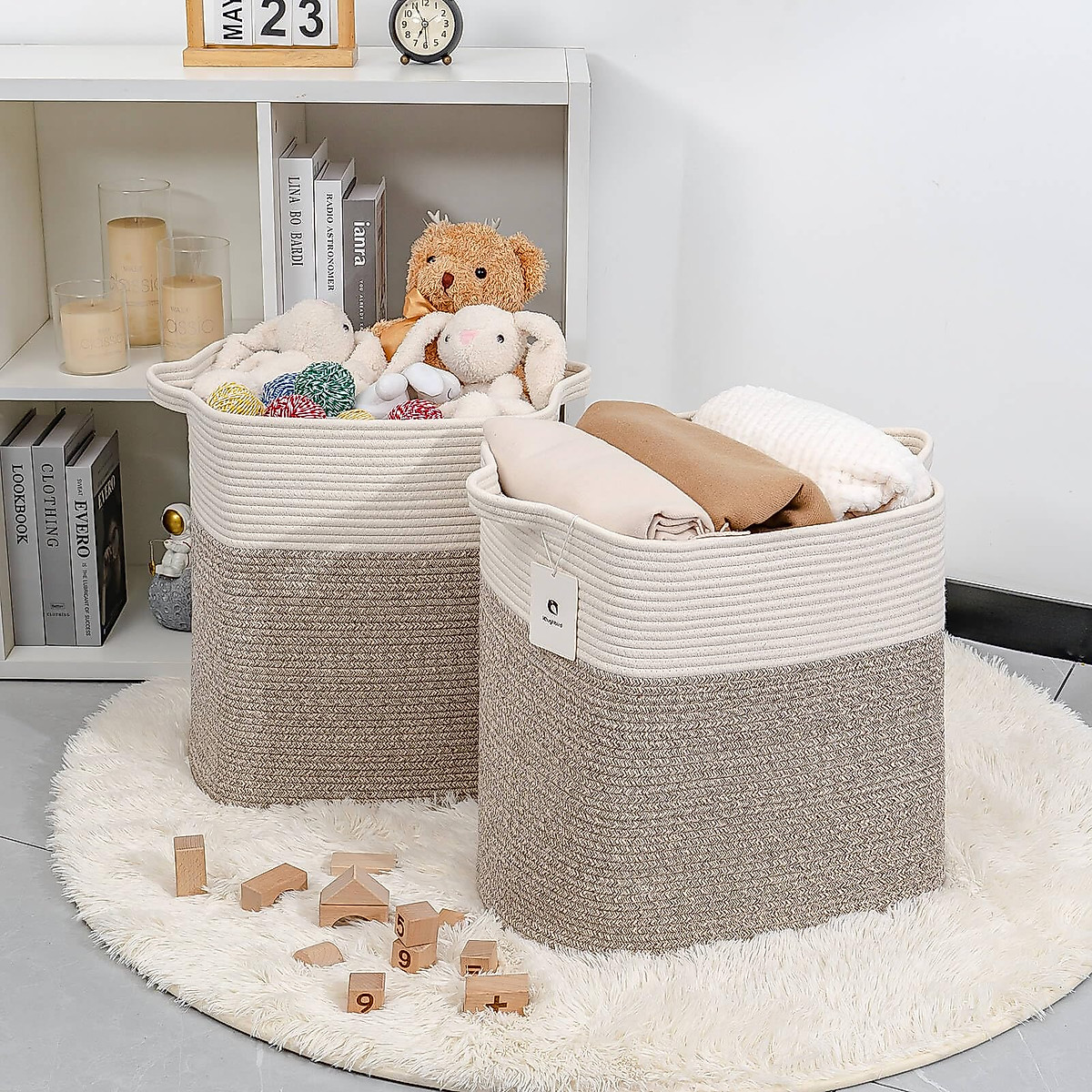 Laughbird Extra Large Tall Basket Folding Bamboo Rectangle Handle Bins With Handle, Bathroom Dirty Clothes Basket, Bedroom, Toy, Pillows, Closet Organizer White Brown Collapsible Laundry Baskets