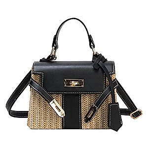 BZGWECD Handmade Rattan Crossbody Bags for Women, Summer Straw Bag Handbags Beach Bag PU Summer New Flap Crossbody Bag (Color : Black, Size : 18x8x15cm)