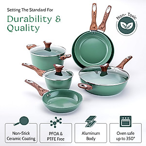 PHANTOM CHEF 18-Piece Cookware Set | Non-Stick Ceramic Coating | Oven & Dishwasher Safe | PFOA-Free | Aluminum Pots & Pans Set with Lids | Stay-Cool Handles | Induction Stovetop Compatible (Green)
