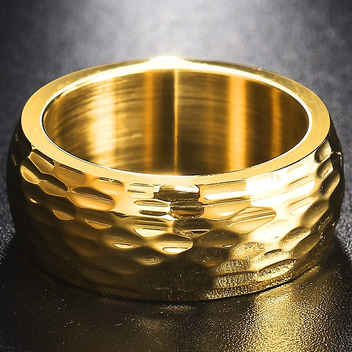 Jude Jewelers 10mm Stainless Steel Hammered Surface Classic Plain Wedding Band Statement Ring (Gold, 13)