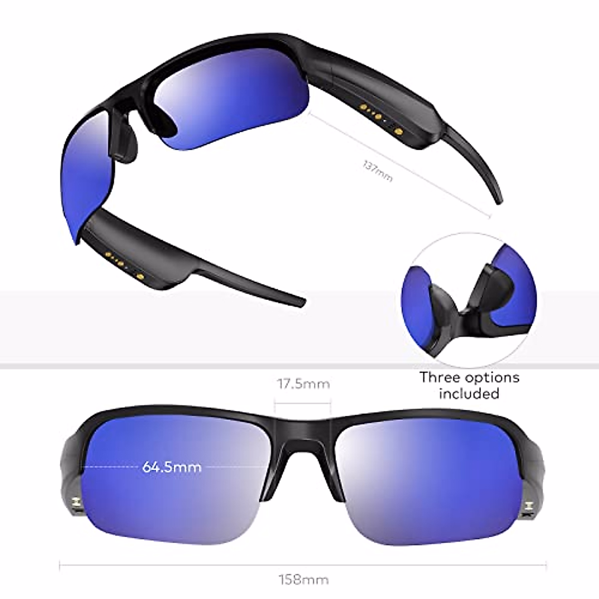 WOXMA Bluetooth Audio Sports Sunglasses Surround Sound,Voice Assistant,6Hrs Battery,Bluetooth 5.3 Glasses IP4 Waterproof (Blue)