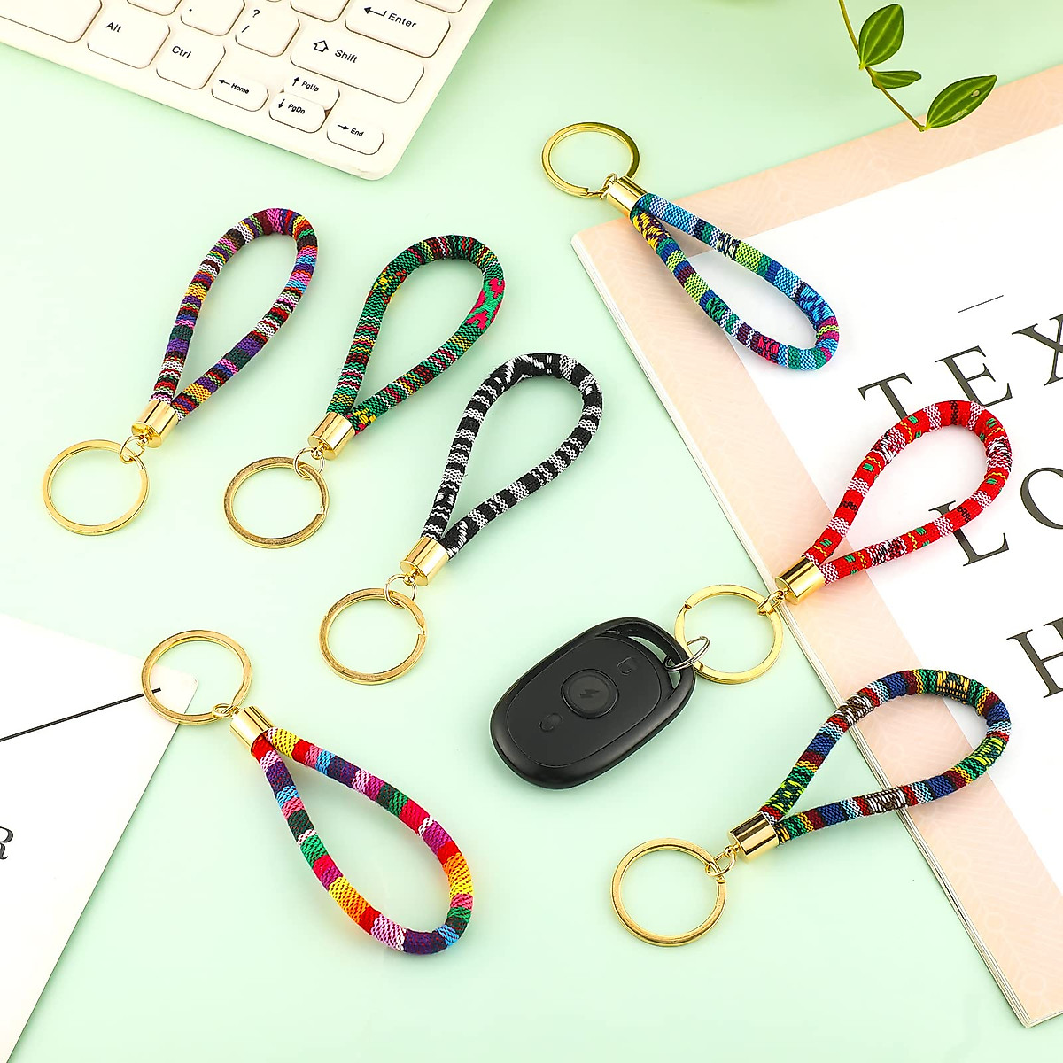 Junkin 24 Pcs Boho Surfer Key Chain with Golden Key-ring Bulk for Women Men Hippie Keychain Summer Festival Decorative Accessories Handmade Cute Keychain for Car Wallet Purse Holder