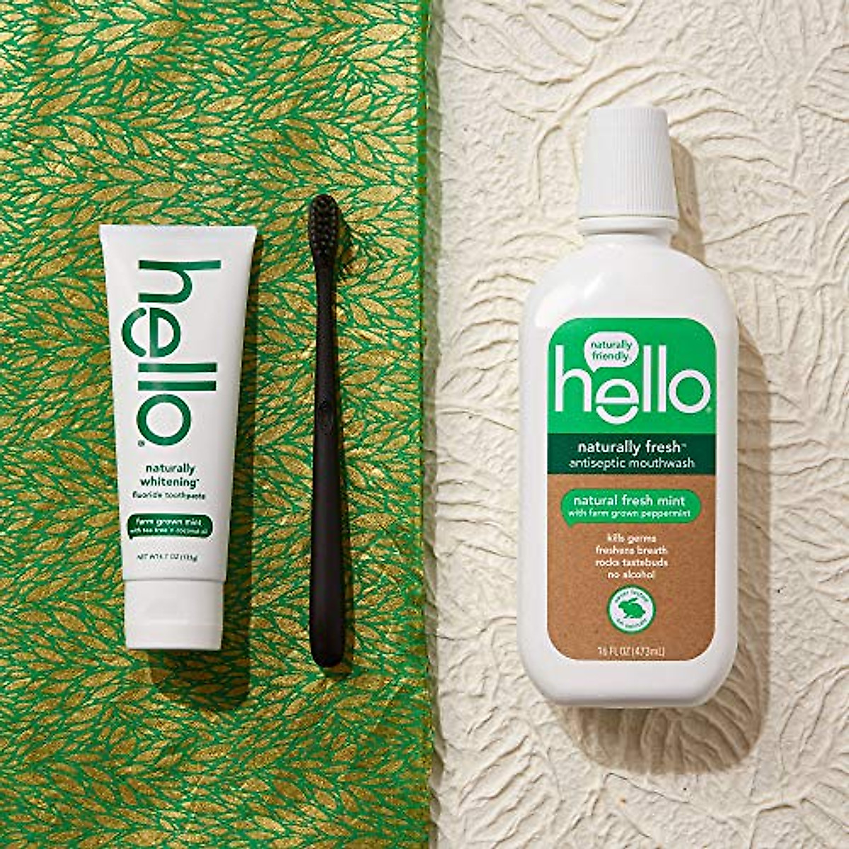 Hello Naturally Whitening Fluoride Toothpaste and Naturally Fresh Antiseptic Mouthwash, Farm Grown Mint, Alcohol Free, Vegan, SLS Free and Gluten Free, 4.7 Ounce Tubes (Pack of 2), 16 Ounce Bottle