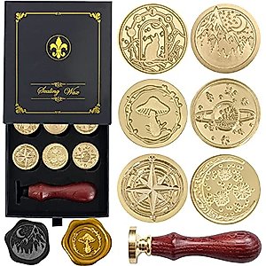 Wax Seal Stamp Gift Box Set, 6 Pcs Sealing Wax Stamps Copper Seals 1 Wooden Hilt, Wax Stamp Kit for Cards Envelopes, Gift Packaging (Vast Universe Series)