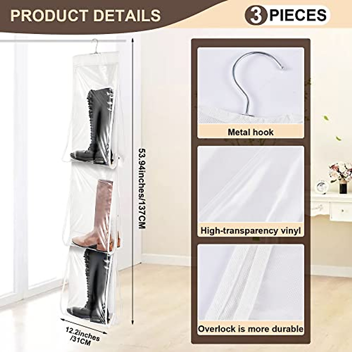 3 Pcs Hanging Boot File Clear Boots Hanging Storage Hanging Closet Shoe Organizer 3 Pair Tall Boot Hangers Plastic Boot Holder with 6 Pockets to Keep Them Straight for Closet Men's and Woman's Shoes