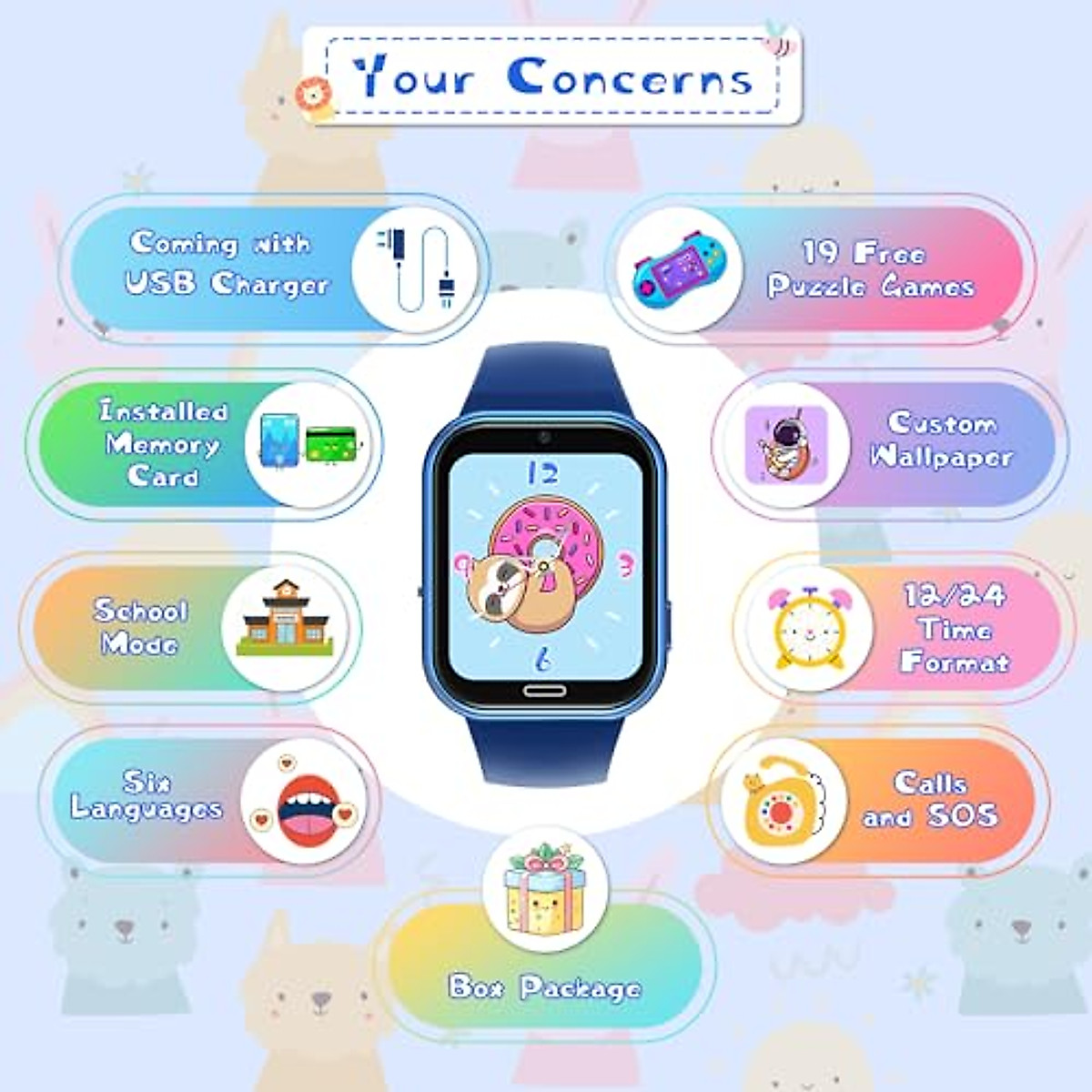Smart Watch for Girls and Boys Age 6-12 - 24 Games, Video Camera, Music, Alarm - Educational Birthday Gift (Blue)
