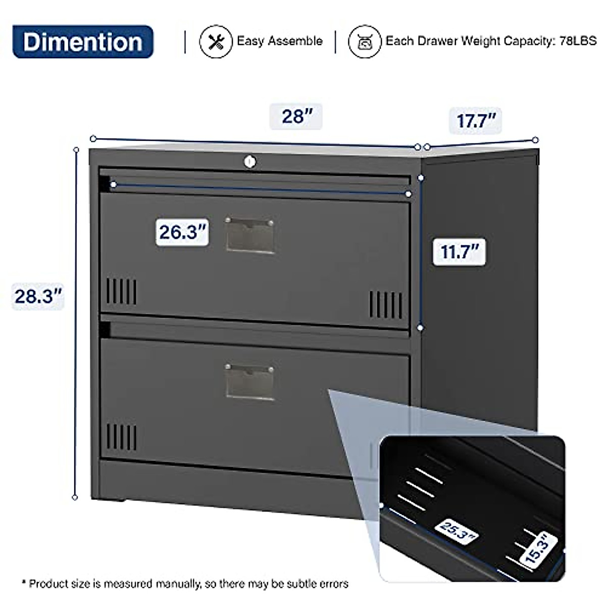 Lateral File Cabinet with Lock, 2 Drawer Filing Vertical Cabinet, Metal Horizontal File Cabinet with Card Slot for Home Office, Lockable Lateral Storage Filing Cabinet for Hanging Letter/Legal