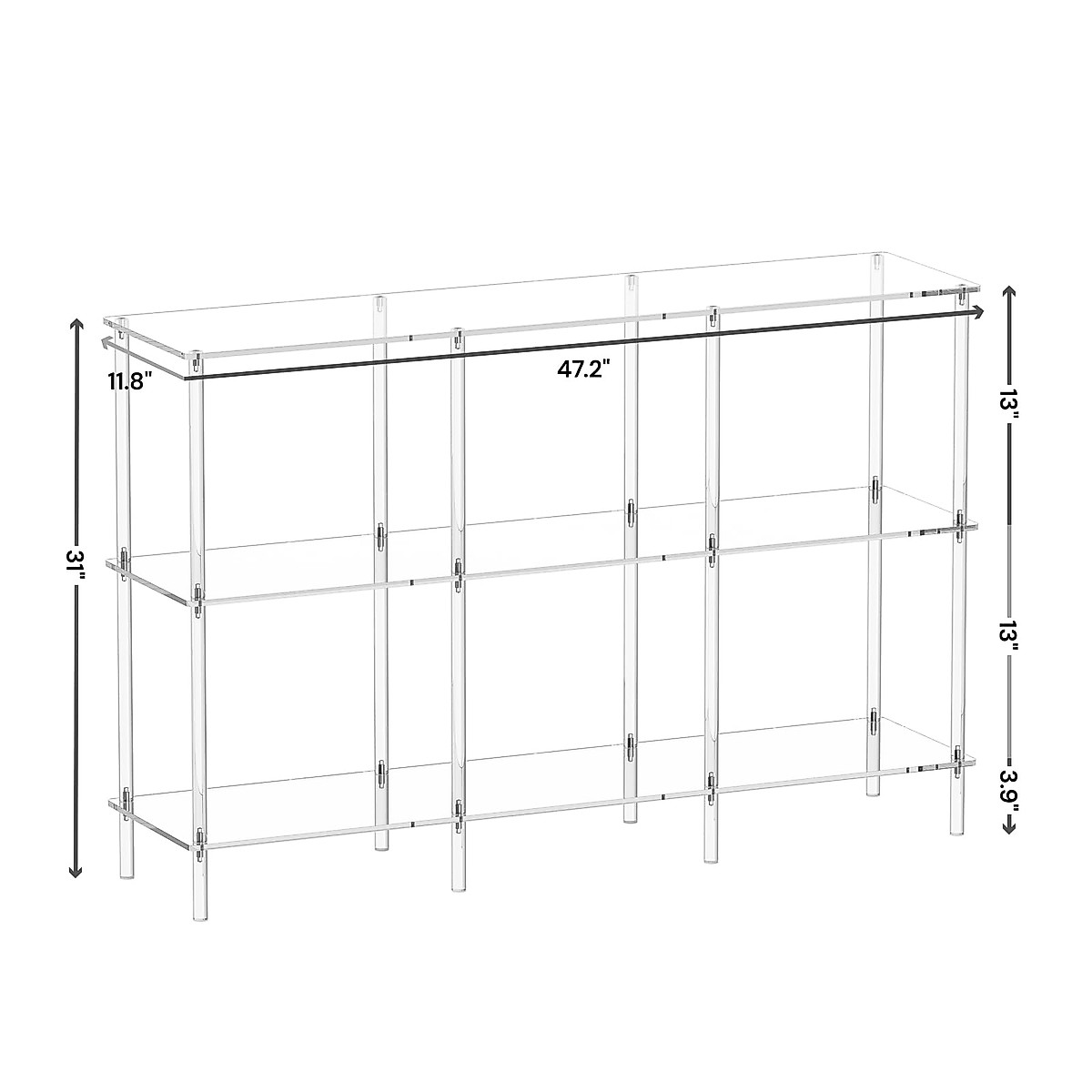 CRTERICX Acrylic Horizontal Bookshelf, 11.8" D x 47.2" W x 31" H, 3-Tier Clear Low Book Shelf with Large Storage, Multipurpose Bookcase for Living Room, Bathroom, Office, Easy Assembly