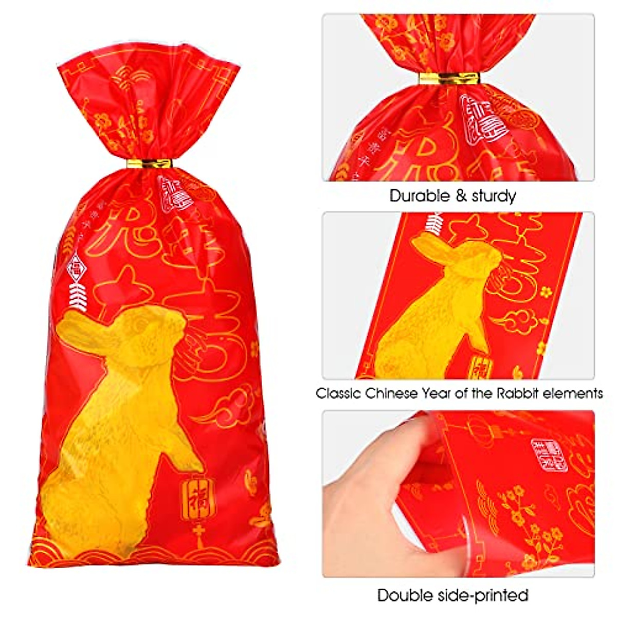 MIMIND 100 Pieces 2023 Chinese New Year Cellophane Treat Bags Chinese Lunar Rabbit New Year Party Bags Plastic Candy Bags with Twist Ties for 2023 Chinese New Year Party Supplies, 2 Designs