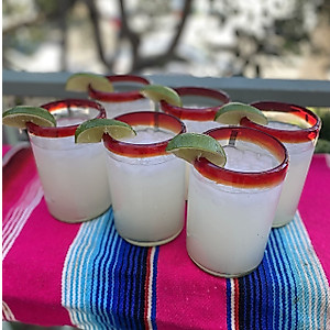 Dos Sueños Hand Blown Mexican Drinking Glasses - Set of 6 Glasses with Red Rims (14 oz each)