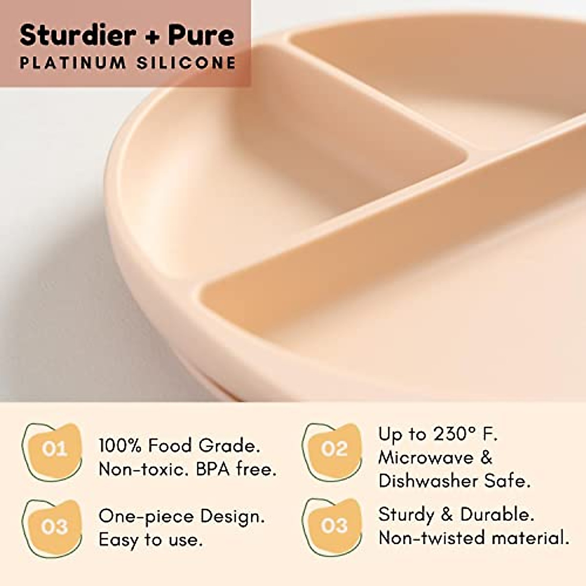 RAiN.B. MellowMate Pure Platinum Silicone Suction Plate for Baby & Toddlers｜Divided Baby Dish with 3 Compartments｜BPA-Free Non-Slip Baby Eating Supplies｜Microwave & Dishwasher Safe – Cloudy Grey