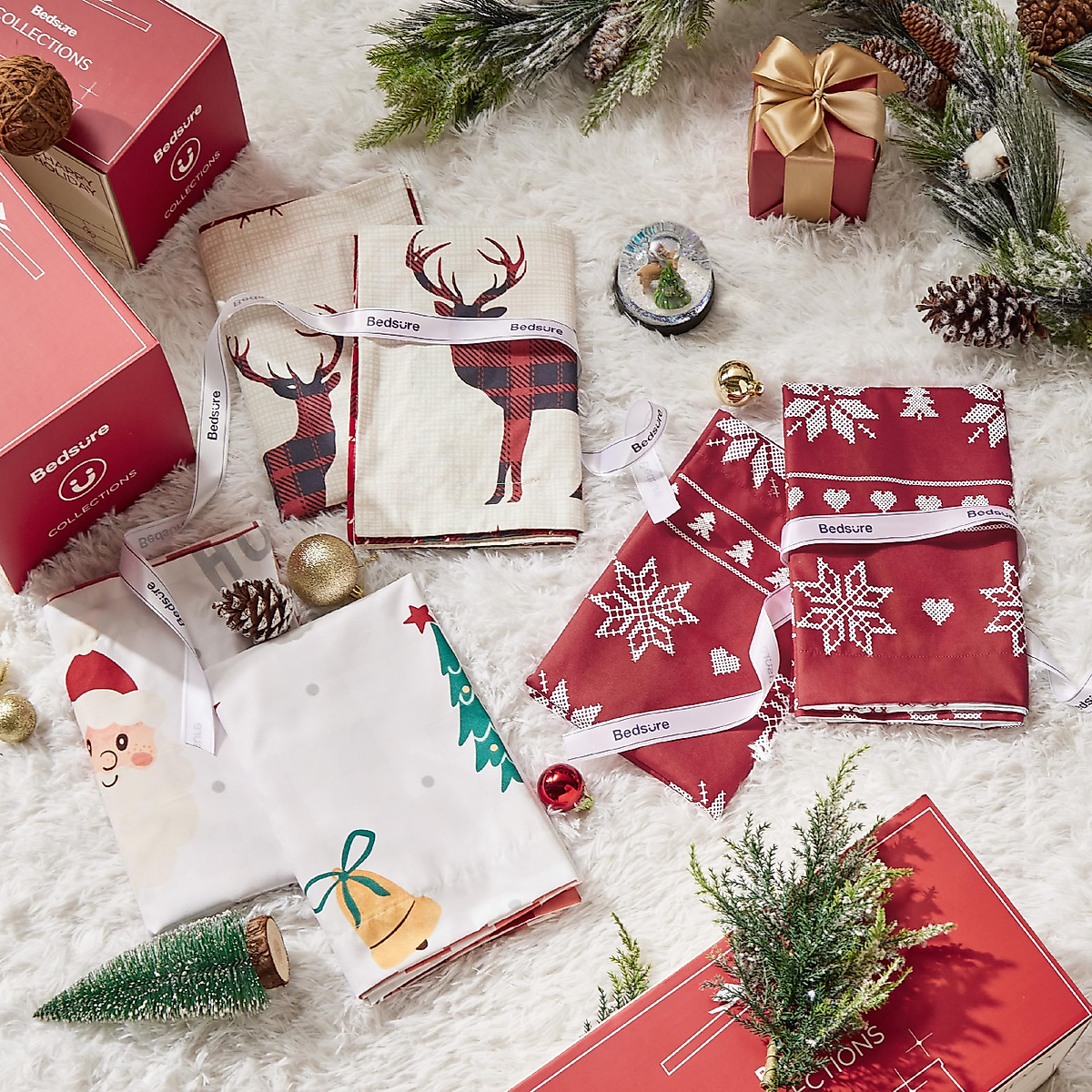 Bedsure Christmas Duvet Cover Queen - Christmas Bedding Queen Size, Reversible Buffalo Check Printed Christmas Plaid Duvet Cover, Includes 1 Duvet Cover and 2 Pillow Shams (Queen, Reindeer)