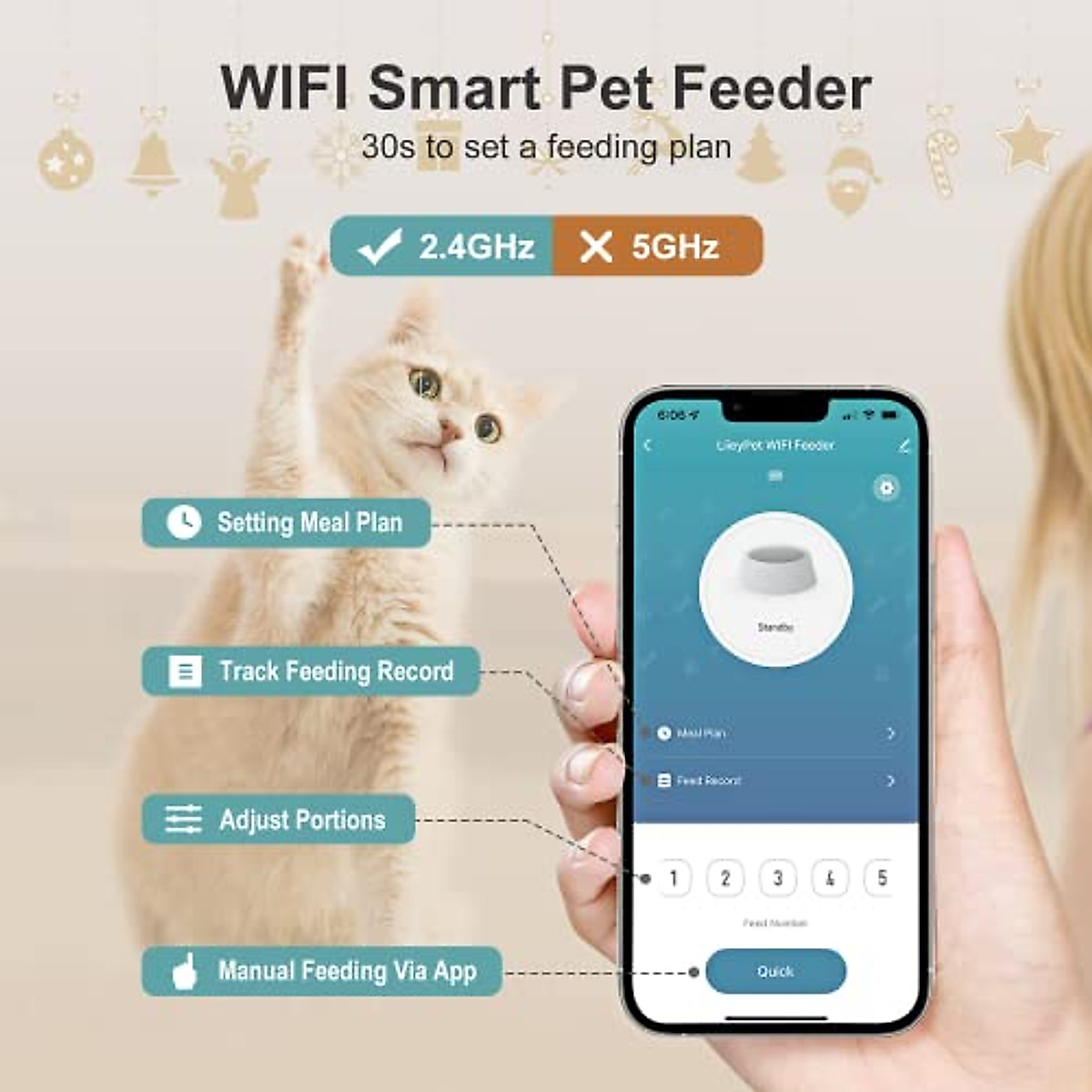 Automatic Cat Feeders - LIIEYPET Cat Food Dispenser for Dry Food, 4L Smart Pet Feeder with 2.4G App Control, Automatic Dog Feeder with Stainless Steel Bowl, 1-10 Meals Per Day