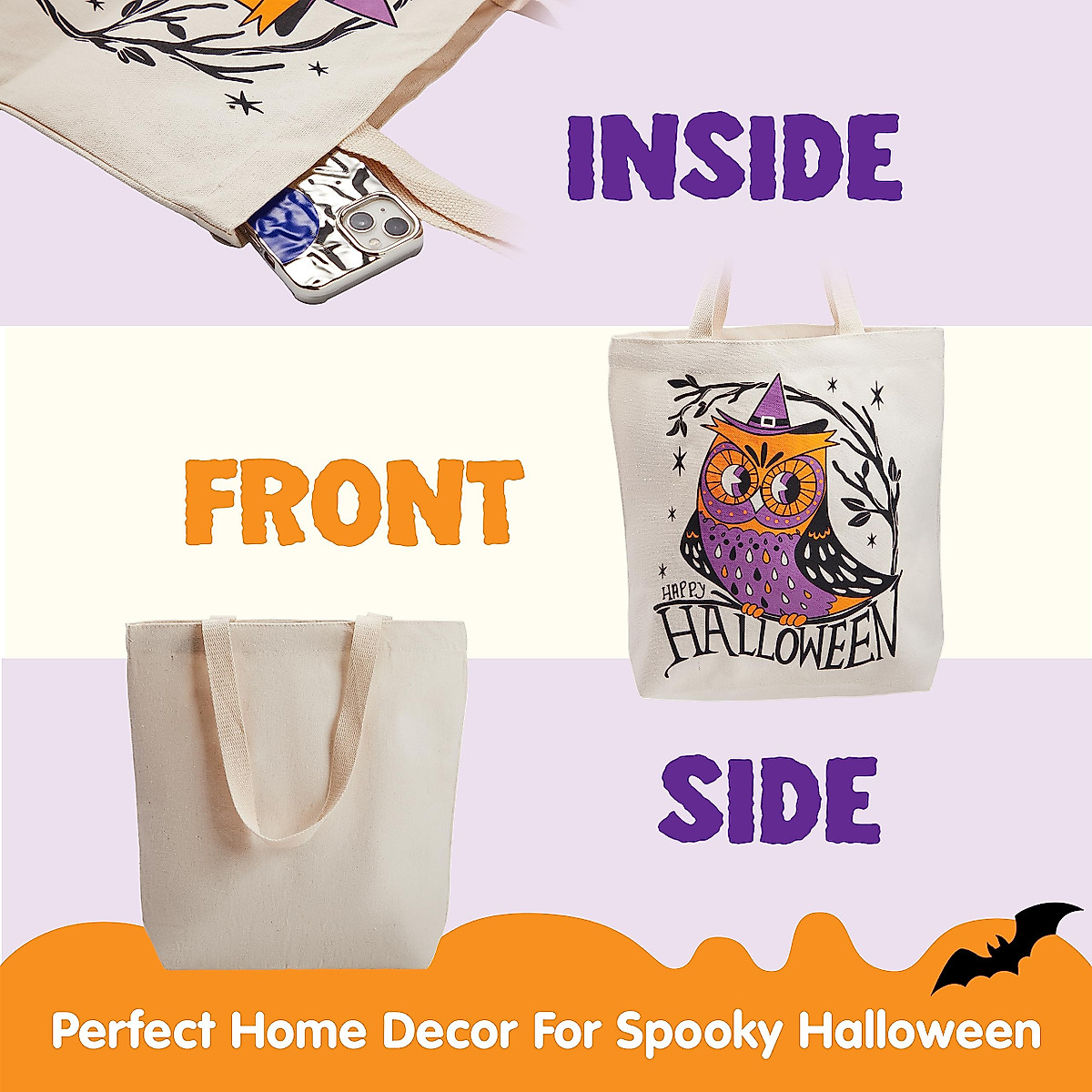 JOYIN 3PCS 13.75” Large Halloween Tote Treat Bags for Trick or Treating, Halloween Goodie Candy Bags, Reusable Canvas Gift Bags for Kids Party Favor Supplies, Snack Grocery Bags with Handles