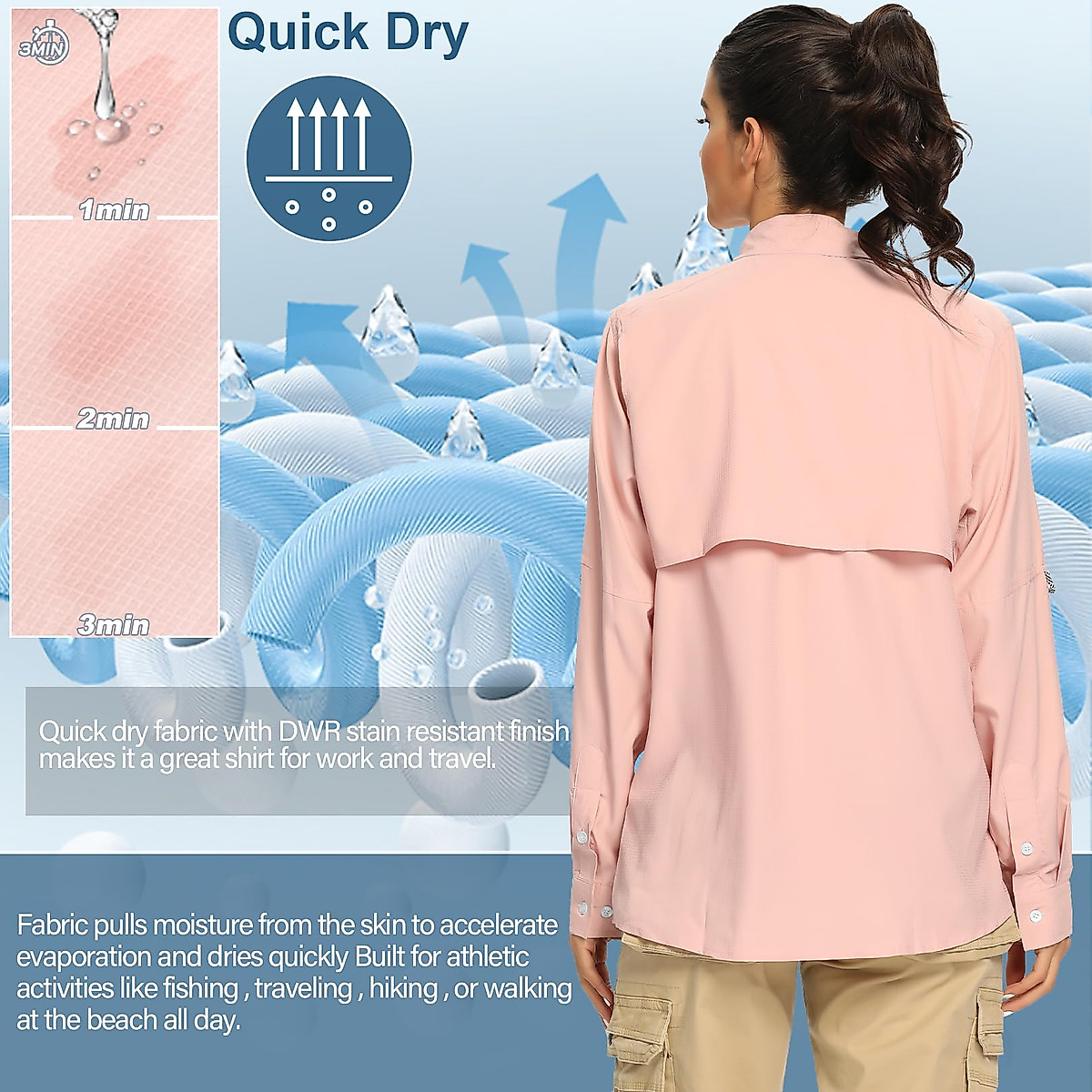 Women's Quick Dry UPF 50+ Sun Protection Long Sleeve Shirt Hiking Fishing Shirts,Pink,M